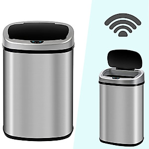HGS Touch Free Trash Can Brushed Stainless Steel Garbage Cans Automatic Waste Bin 13 Gallon with Lid, Touchless Sensor Bins for Kitchen Bathroom Bedroom Home Office, 50L, Silver