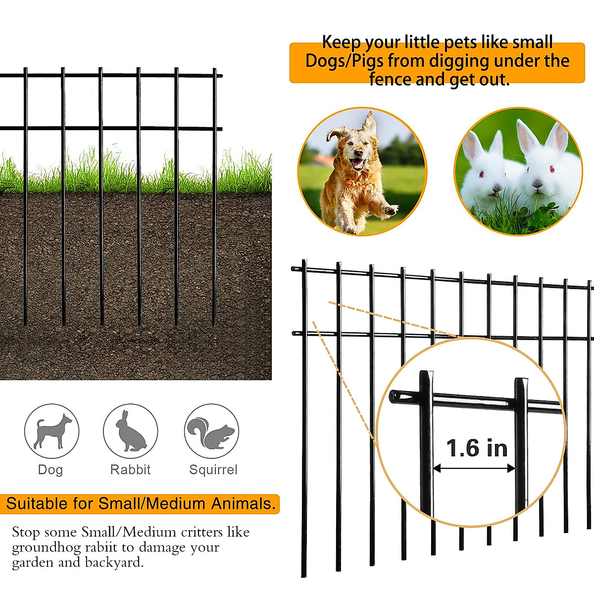 Adavin Animal Barrier Fence, 10 Pack 20in(L)X12in(H) No Dig Black Garden Fencing, Underground Pet Dog Rabbits Fences Panel, Galvanized Steel Stakes 1.6in Spike Spacing,Outdoor Yard Patio.Total 17Ft(L)