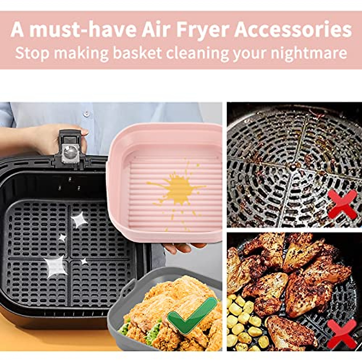 OUTXE 2-Pack 8inch Foldable Square Silicone Air Fryer Liners for 4QT to 6QT Reusable Air Fryer Insert Silicone Air Fryer Cover Easy Cleaning for Oven Accessories (Grey+Pink)