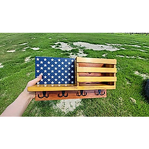 American Flag Key Holder & Organizer with Shelf for Wall. Crafted of Natural Fir Wood, Hand Painted in Patriotic Red, White, Blue. Unique Design, Decor Accent for Entry, Office, Living Room, Bedroom