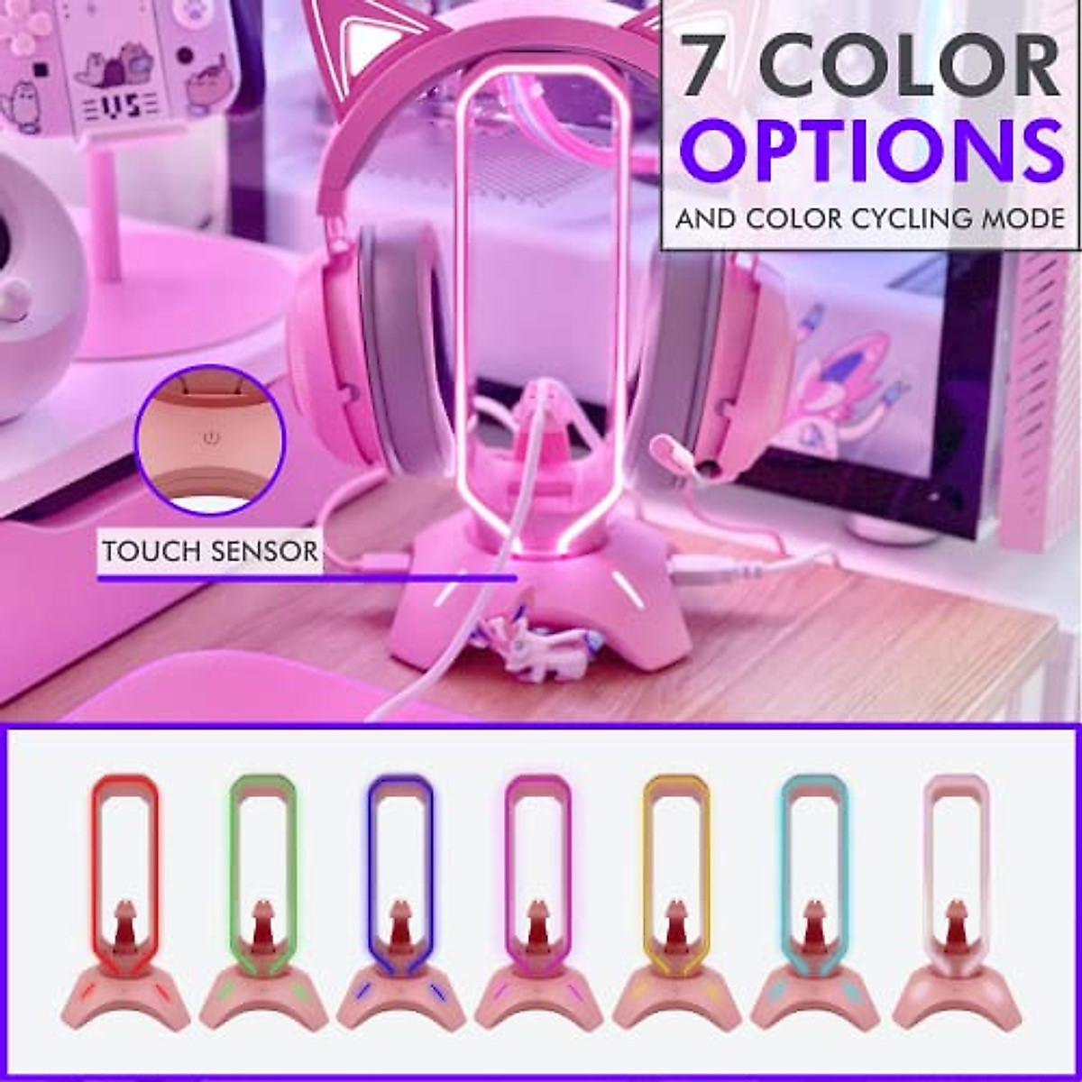Tilted Nation RGB Gaming Headset Stand - 3 in 1 Pink Headphone Stand with Mouse Bungee and 2 Port USB Hub Charger - The Ultimate Gaming Accessory and Gamer Gift - RGB Headphone Holder for Desk