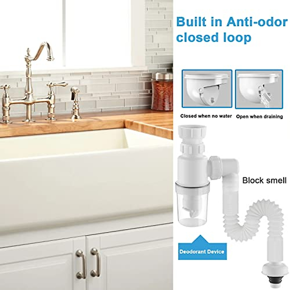 Gititrada Deodorizing Drain, Flexible Drain Fitting, Retractable 11.8-29.5 Inch Drain, 1 Rubber Seal, Flexible Tubular Retractable Drain, Sink Drain Kit for Kitchen, Bathroom, Toilet, Etc.