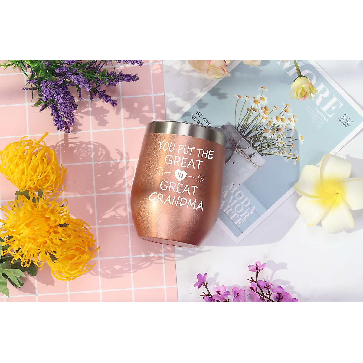You Put The Great In Great Grandma Tumbler Great Grandma Wine Tumbler Birthday Mothers Day Gifts for Great Grandma Gifts from Great Grandchild Grandkids Grandson Granddaughter 12 Oz Gift Box Rose Gold
