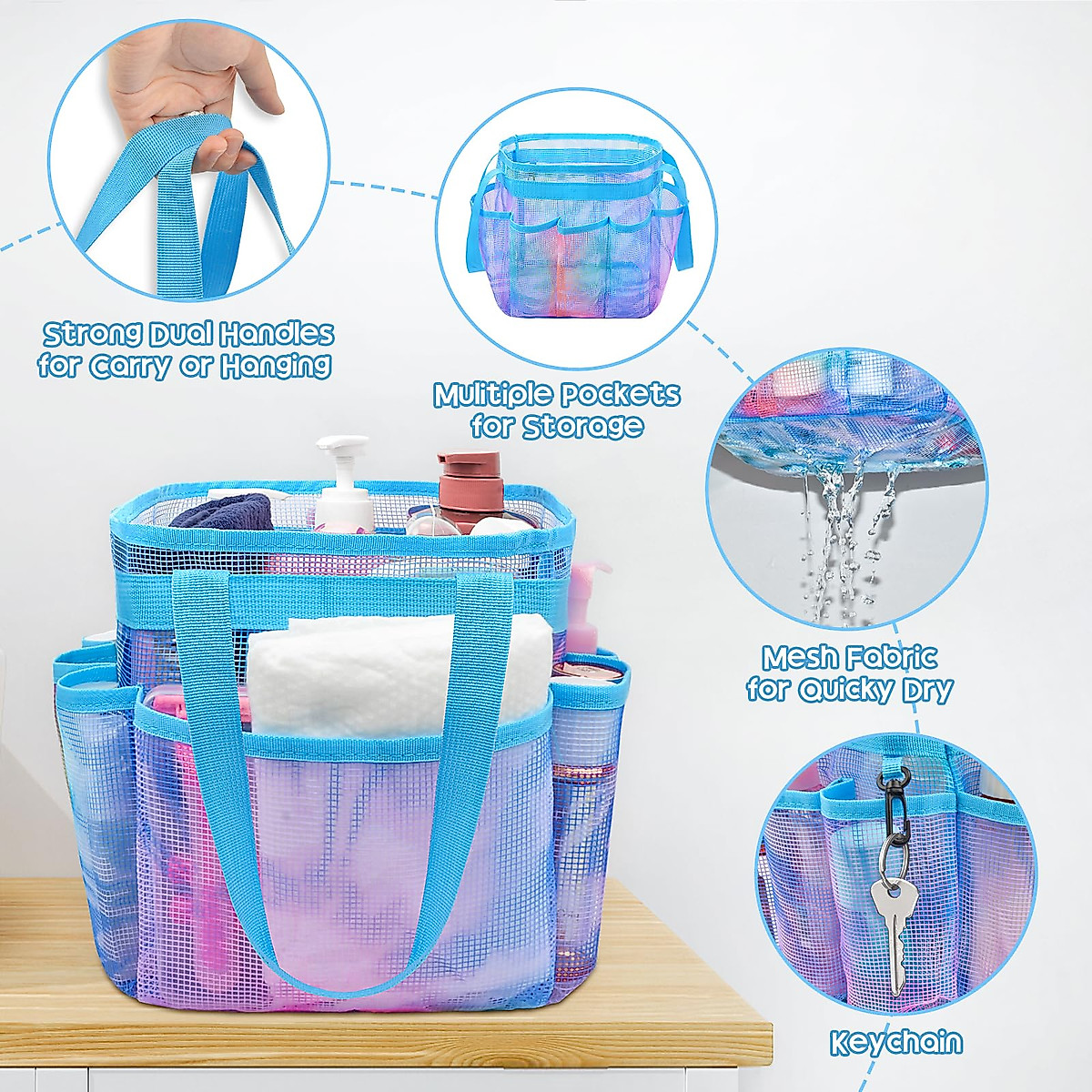 Nidoul Mesh Shower Caddy Portable, Dorm Room Essentials for College Students Girls, Large Shower Tote Shower Caddy Bag for Camping, Swimming, Gym, Travel, Bathroom (Tie Dye)
