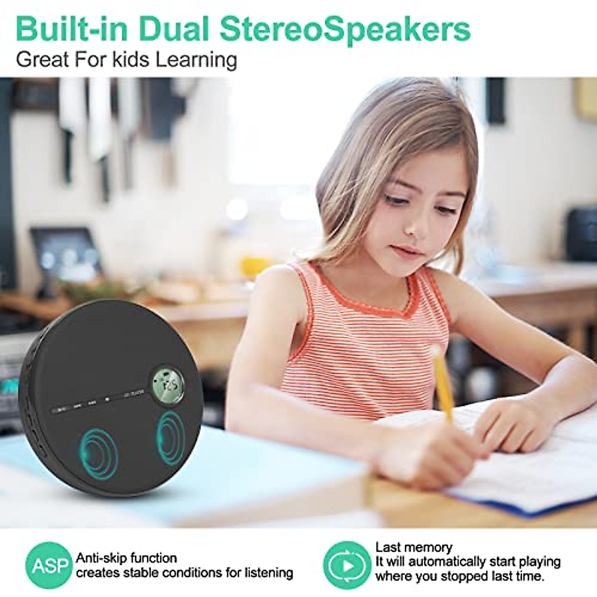 Rechargeable Portable CD Player with Bluetooth,ZUNKOM Compact Anti-Skip Walkman CD Player with Headphones &Dual Stereo Speakers for Home/Travel,Support CD MP3 USB AUX Input,2000mAh (Black)