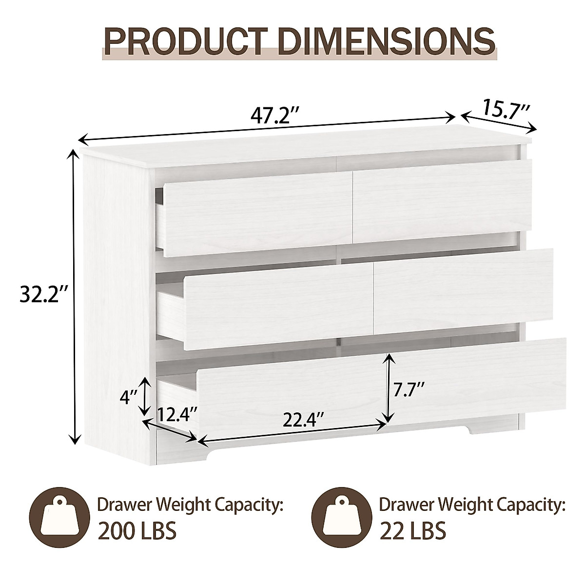 CATMIX Dresser for Bedroom, White 6 Drawer Double Dresser, Wood Modern 6-Drawer Chest of Drawers with Deep Drawers, Wide Storage Organizer Cabinet for Bedroom, Living Room, Entryway