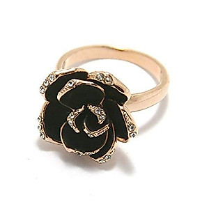 PULABO Exaggerated Rose Gold Ring Shiny Zirconia Garnished with Black Roses Design for New Women Comfortable and Environmentally Popular