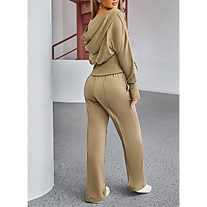Herseas 2 Piece Teacher Outfits for Women Gym Wear Crop Top Long Sleeve Zip Up with Wide Leg Sweatpants Matching Suit Going Out Sets Beige Large 12 14
