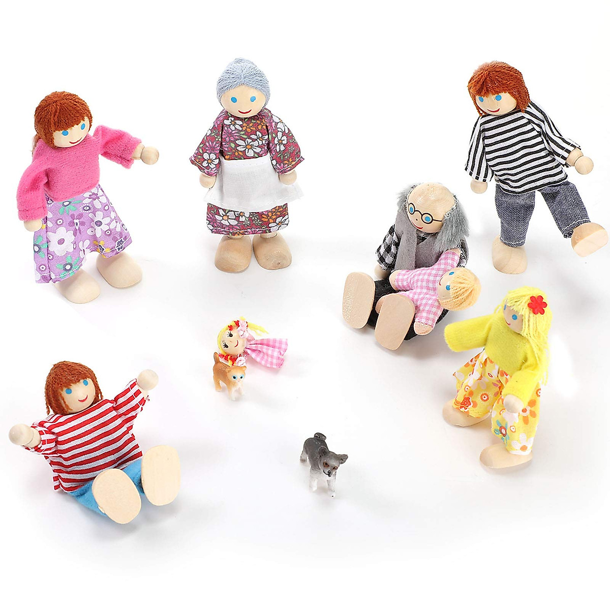 Skylety 10 Pcs Wooden Dollhouse Family Set of 8 Mini People Figures and 2 Pets, Dollhouse Dolls Wooden Doll Family Pretend Play Figures Accessories for Pretend Dollhouse Toy (Classic Style)