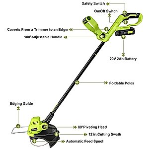 SnapFresh Battery Operated Lawn Trimmer, 20V Line String Trimmer with 13 ft 0.065” Trimmer Line Replacement Spools, 2.0Ah Battery, Fast Charger (Cordless String Trimmer)