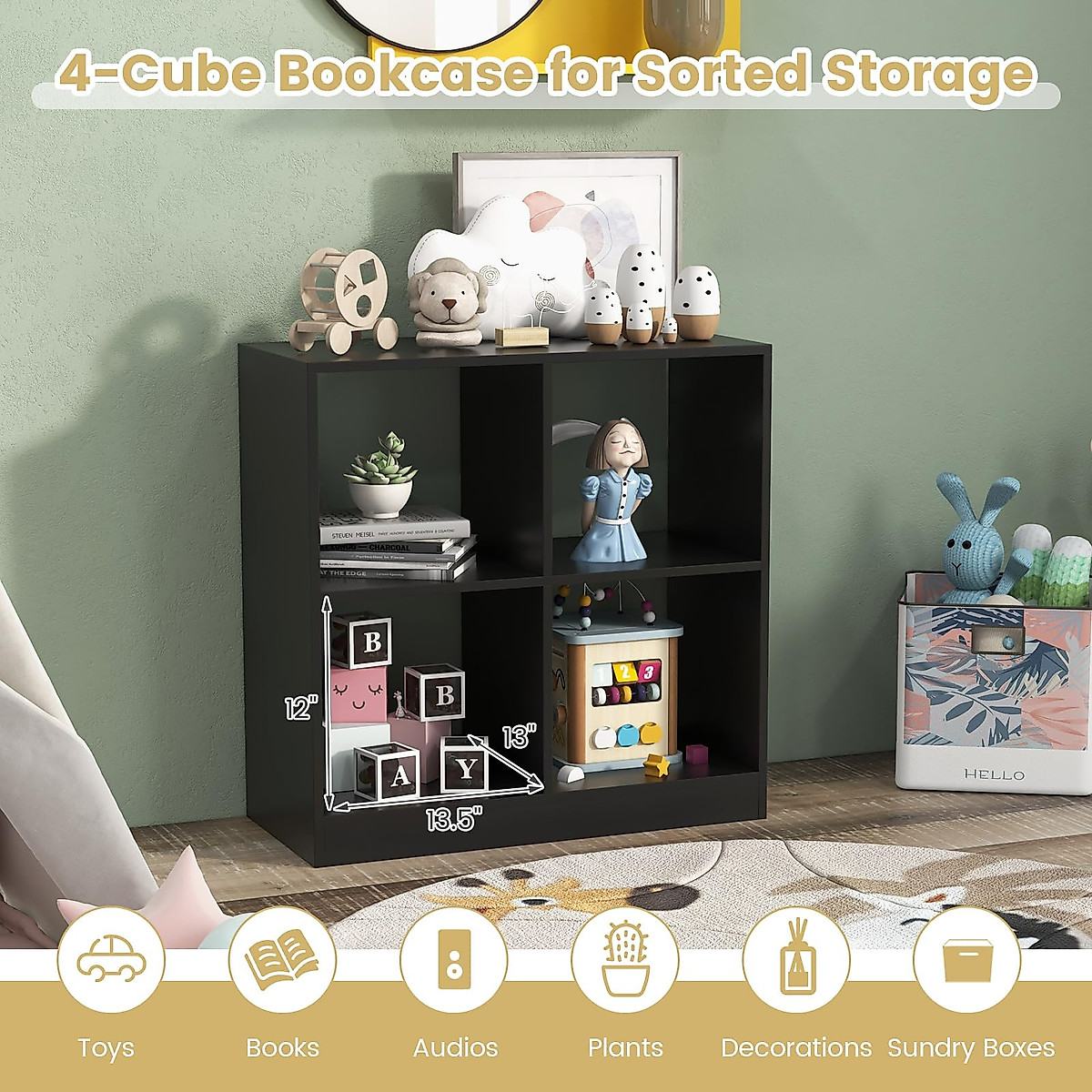 Tangkula 4-Cube Bookcase, Freestanding Open Bookshelf, 2 Anti-Tipping Kits, Modern Cube Storage Wooden Display Shelf for Living Room Kids Room, Easy Assembly (Black, 29 x 13 x 29 Inch)