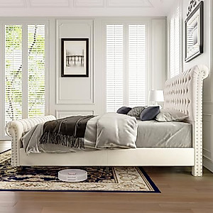 Jocisland Queen Size Bed Frame, Velvet Upholstered Platform Sleigh Bed with Scroll Headboard & Footboard, Button Tufted, No Box Spring Needed, Beige