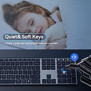 AUSDOM Wireless Bluetooth Keyboard Full Size, Quiet Slim Multi-Device Rechargeable Cordless QWERTY Keyboard with Number Pad, Low Profile Silent Flat Universal Keyboard for Computer/Mac/Windows