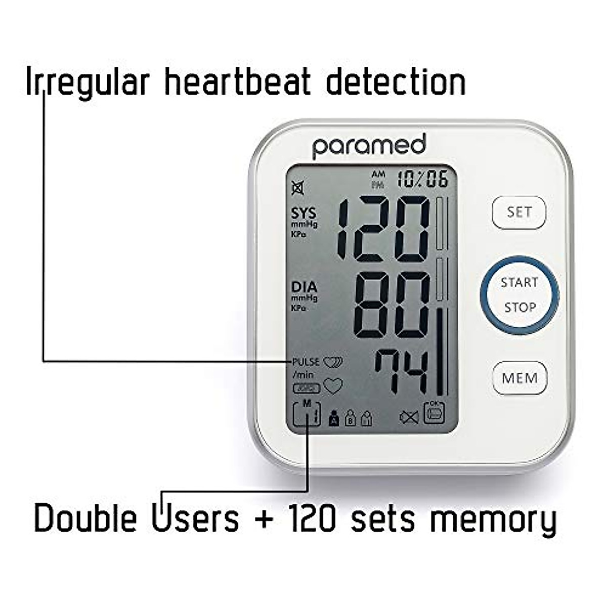 Paramed Blood Pressure Monitor - Bp Machine - Automatic Upper Arm Blood Pressure Cuff 8.7-15.7 inches - Large LCD Display 120 Sets Memory - Device Bag & Batteries Included