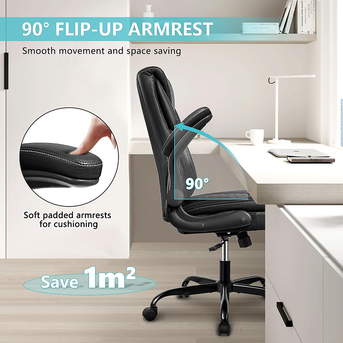 BestEra Office Chair, Executive Leather Chair Home Office Desk Chairs, Ergonomic Computer Desk Chair with Adjustable Flip-Up Arms, Lumber Support Swivel Task Chair with Rocking Function (Black)