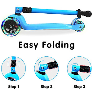 IMMEK Kick Scooter for Kids 3 Wheels Folding Ages 3-12 Years Old Toddler with Three LED Light Wheel, Adjustable Height, Rear Brake, Outdoor Activities for Boys/Girls Maximum Weight 110 lb (Blue)