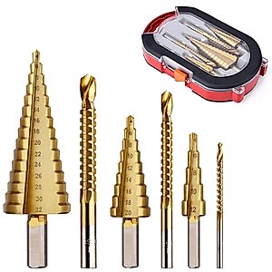 6 Pcs Titanium Coated Step Drill Bits Set, 3 Sizes of Step Drill Bits and 3 Sizes of Twist Drill Bits, High Speed Steel Drill Bits Set for Metalworking, Woodworking Tools, Hole Drilling