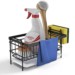 FixOwl Sink Caddy Kitchen Sink Organizer Sponge Holder for Kitchen Sink Non-Slip Countertop Organizer SUS304 with Removable Tray, Black