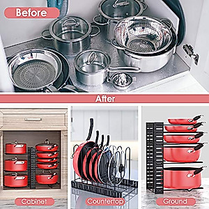 8 Tiers Pots and Pans Organizer with 3 DIY Methods and 6 Tier Heavy Duty Pan Organizer Bundle