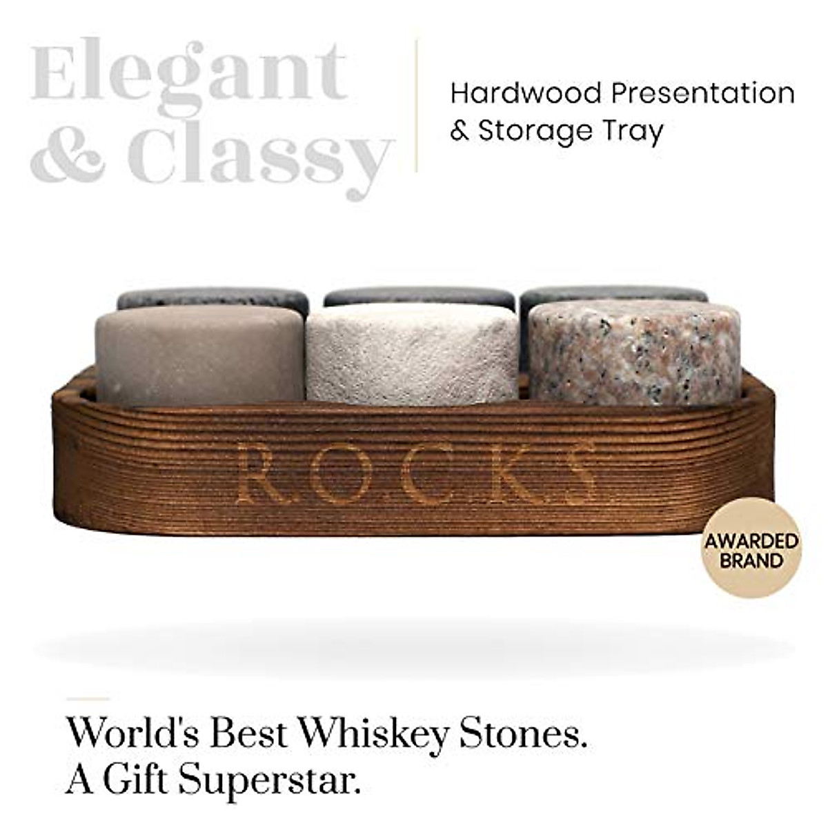 Whiskey Chilling Stones - Set of 6 Handcrafted Premium Granite Round Sipping Rocks - Hardwood Presentation & Storage Tray by R.O.C.K.S.