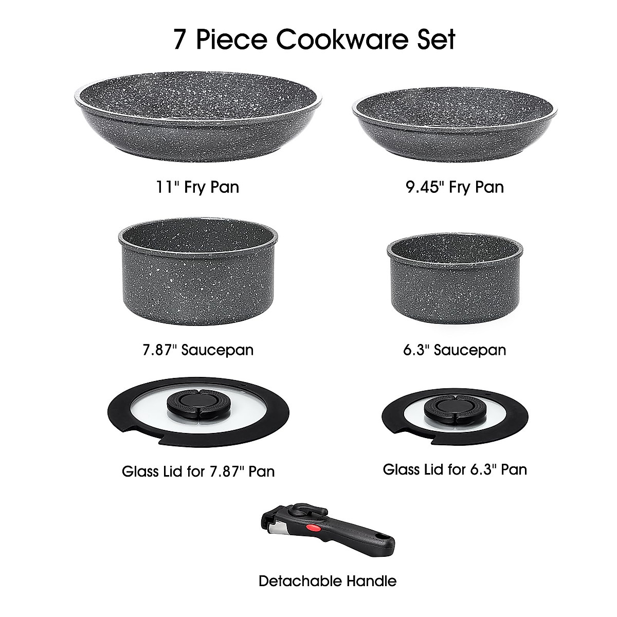 ROSSETTO 7pcs Pots and Pans Set Non Stick from France, Ceramic Cookware Set with Removable Handle, Induction RV Kitchen Cookware Set, Stackable, PFOA and PFAS Free, Oven Safe, Black Granite
