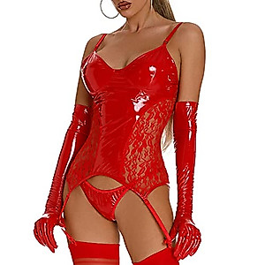 Jhaoyu Womens Latex Garter Bustier Tops with G-String Thong Set Wetlook PU Leather Catsuit Sexy Lingeries Red 3X-Large