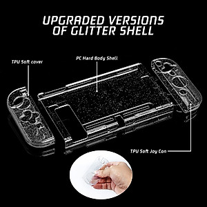 FANPL Glitter Clear Case for Nintendo Switch, TPU Silicone Soft Shell Dockable Protective Case Cover for Switch and Joy Con Controller with 2 Bling Thumb Grips (Transparent)