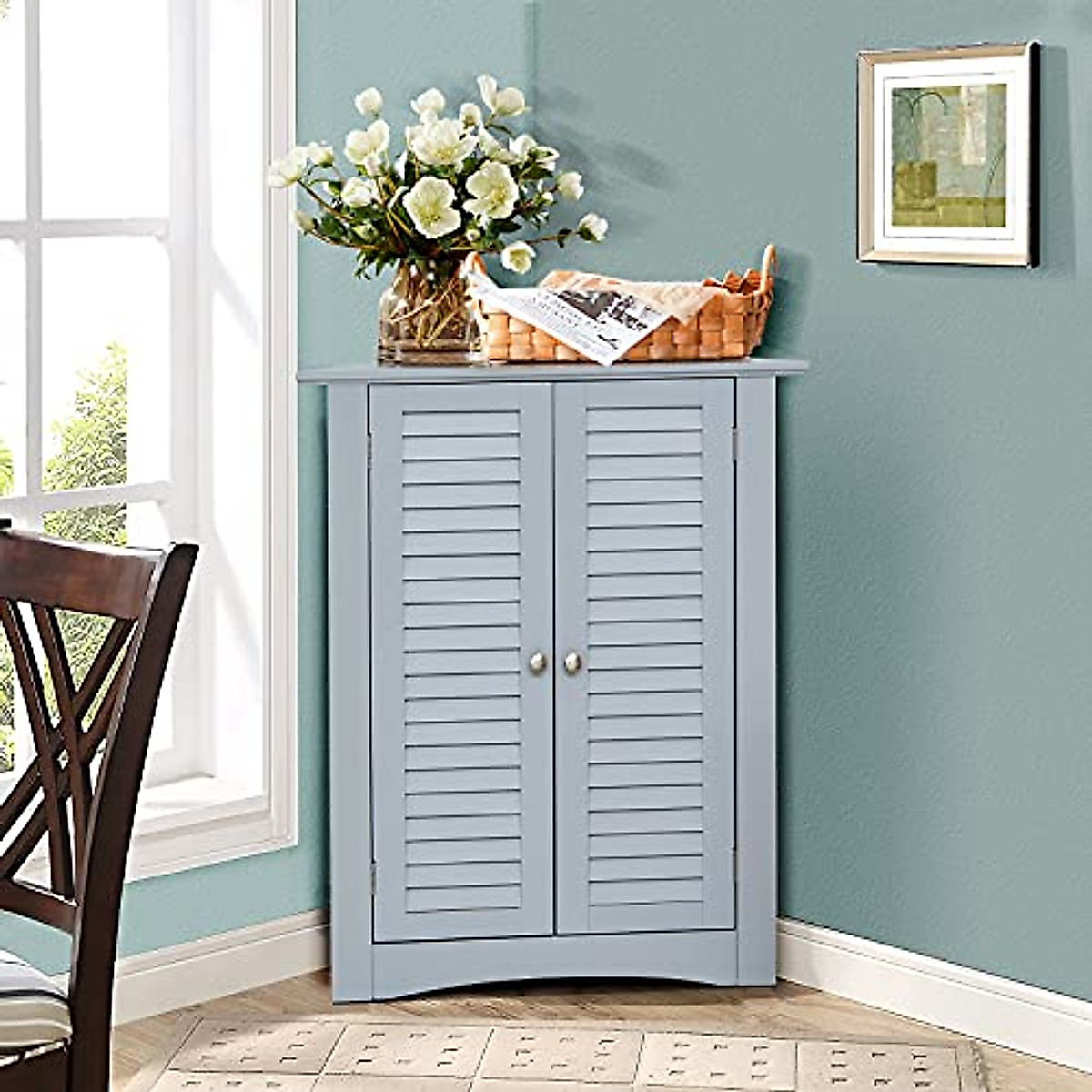 Tangkula Bathroom Corner Cabinet, Corner Storage Cabinet with Double Shutter Doors & Adjustable Shelf, Freestanding Floor Cabinet for Bathroom Living Room Kitchen, 13 x 25.5 x 31.5 Inch (Grey)