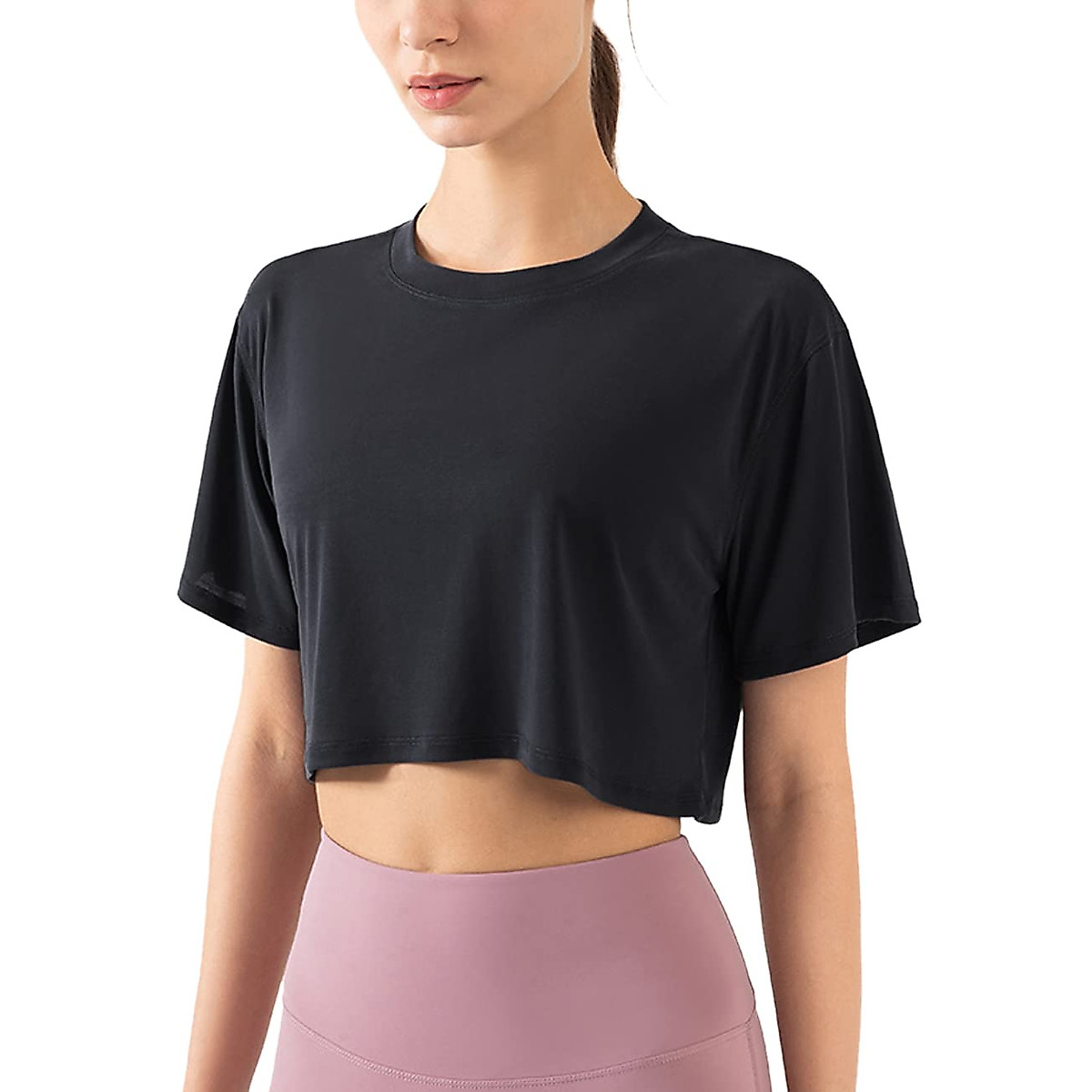 Women's Fitness Workout Crop Tops Short Sleeve Yoga T-Shirts Athletic Running Sports Shirts