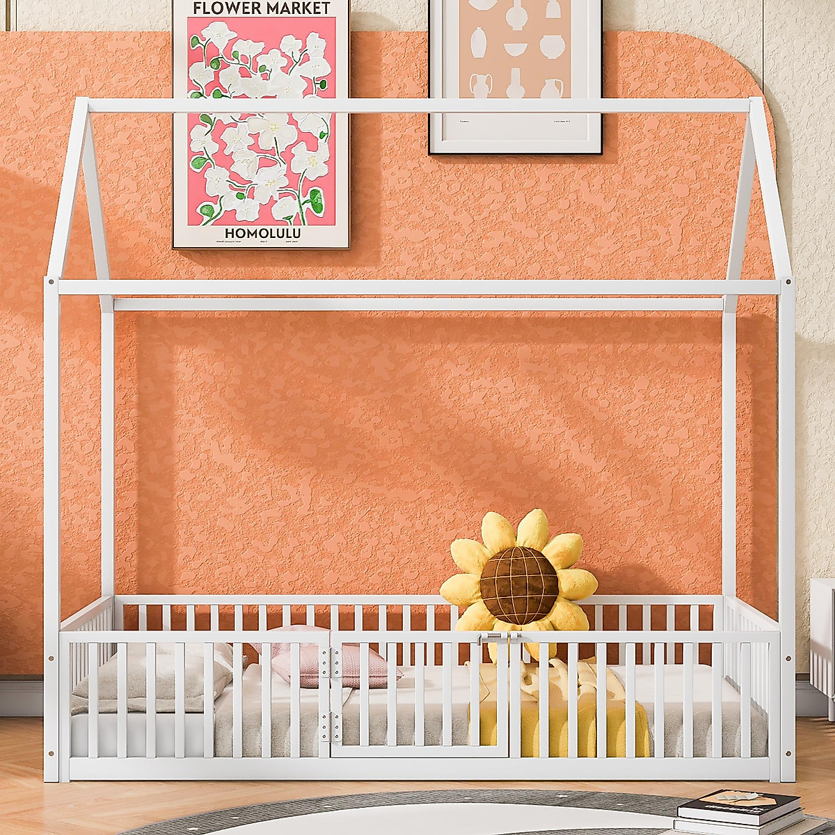 Bellemave Twin Size Montessori House Bed for Kids, Metal Floor Beds with Fence Railings & Door, Twin Playhouse Bed for Boys Girls, Box Spring Needed, White