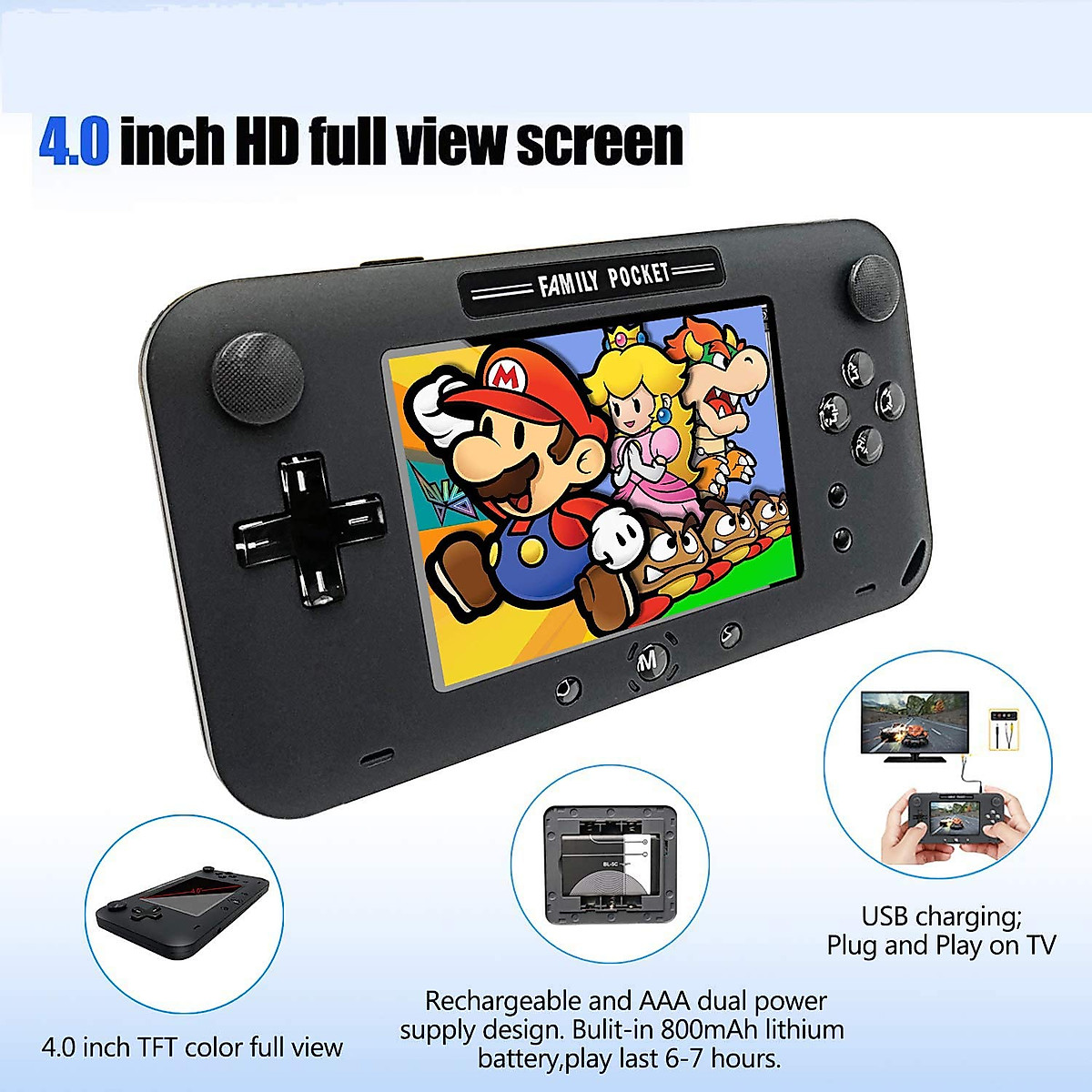 JAOK Handheld Game Console, Portable Game Player Built-in 208 HD Classic Games 4" LCD Retro Gaming System, Support TV/AV 12 Bit Rechargeable Handheld Game Console (Gray)