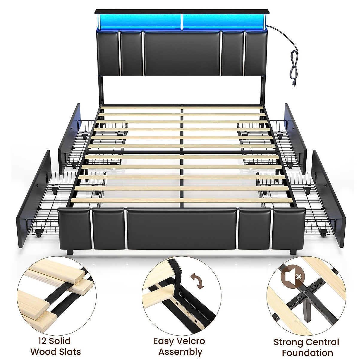 VIAGDO Bed Frame Queen Size with Bookcase Headboard and 4 Storage Drawers, Leather Upholstered Queen Bed Frame with Charging Station and LED Lights, Silver Iron Decor, No Box Spring Needed, Black