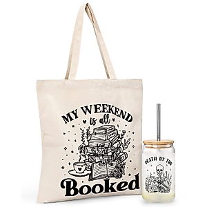 Tuitessine Bookish Gifts for Book Lover Readers Canvas Tote Bag Glass Cup Set Women Teacher Appreciation Gifts Family Birthday Presents