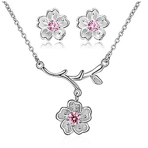 Uloveido Pink Cherry Flower Jewelry Set for Women - White Gold Plated Necklace and Earrings Set with Cubic Zirconia for Girls DT340