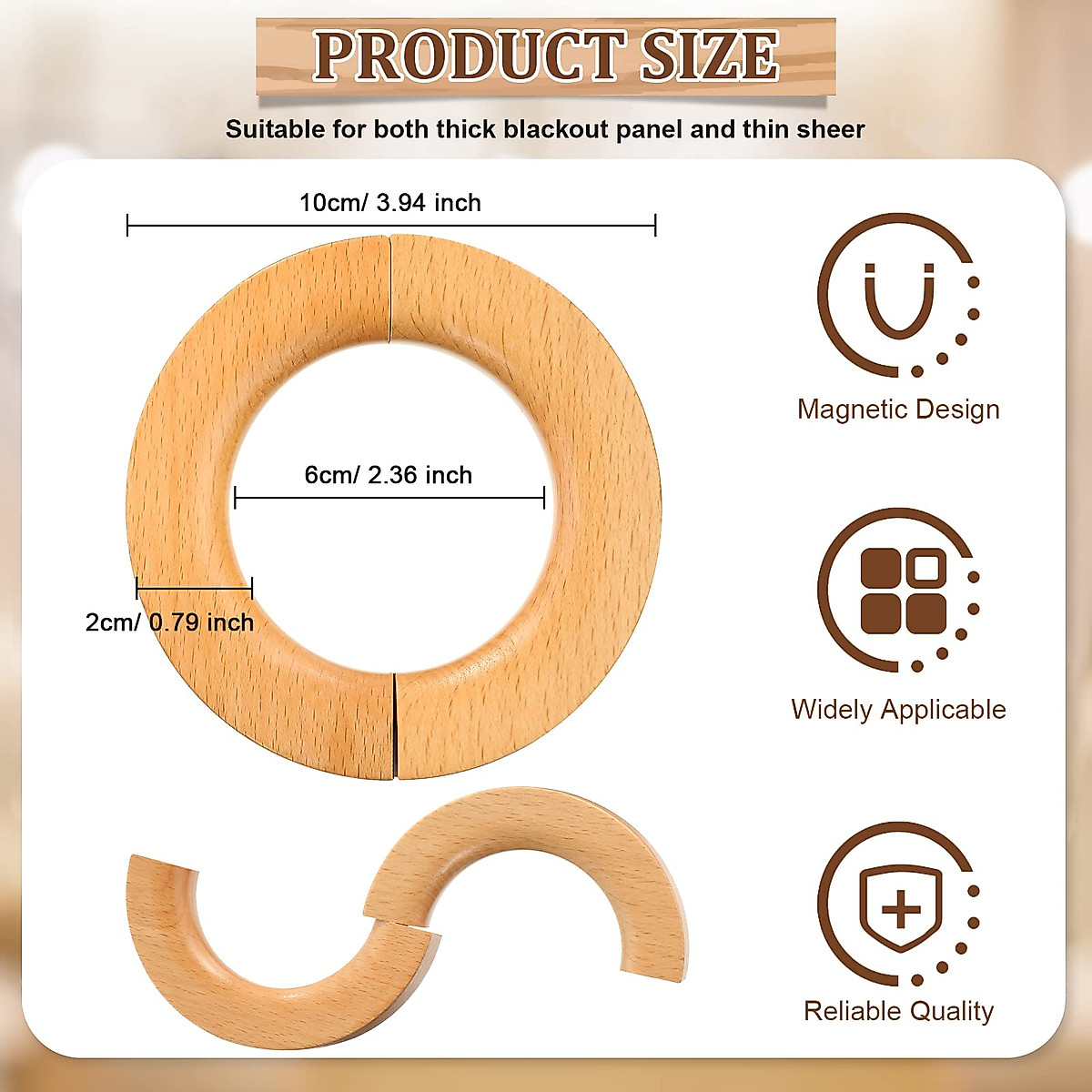 4 Pcs Magnetic Wooden Curtain Tiebacks Holdbacks Modern Decorative Drapes Holders Wooden Curtain Clips Round Boho Tie Backs for Curtains Buckles for Home Room Window Decoration, 2.36 Inch, Burlywood