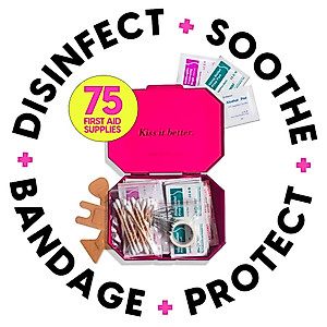 BLINGSTING First Aid Kit - 75 Essential First-aid Supplies, Bandages, Wipes, Gold Travel Case - Multipurpose Mini Emergency Kit for Women - Pink Interior - Compact & Versatile - TSA Approved (1 Count)
