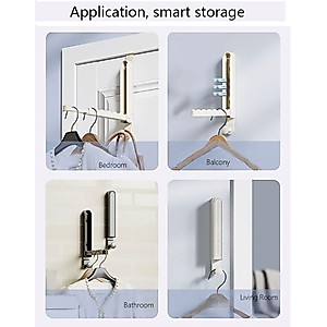 Over The Door Folding Clothes Drying Rack, Alluminum Alloy Hanger with Retractable Lod, Laundry Hanging Coat Rack with 6 Groves, Clothing Hanger Hook for Towel,Coat,Bag and Robe (White Hook Type)