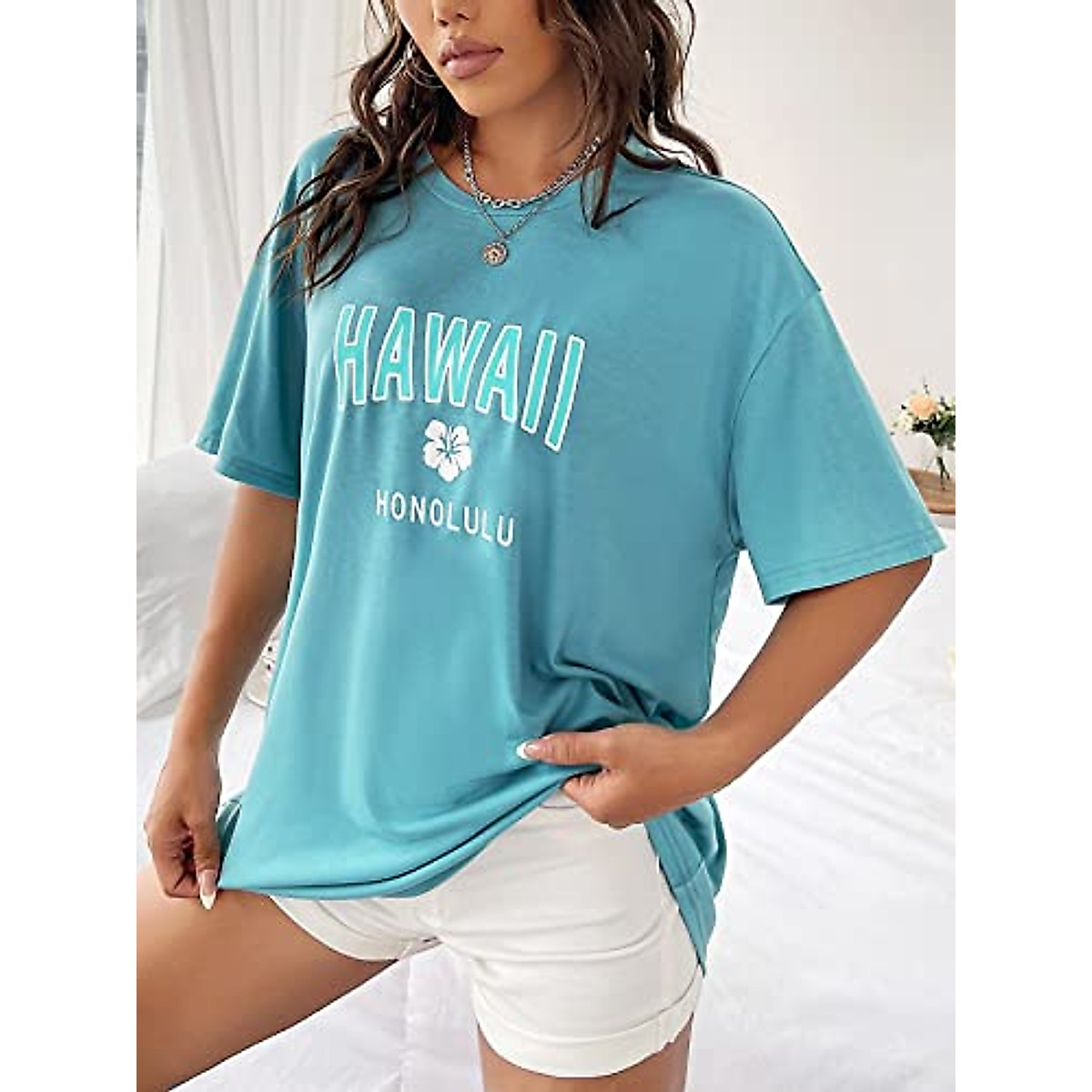 SOLY HUX Women's Oversized T Shirts Letter Print Casual Summer Tops Graphic Tees for Women Blue XL