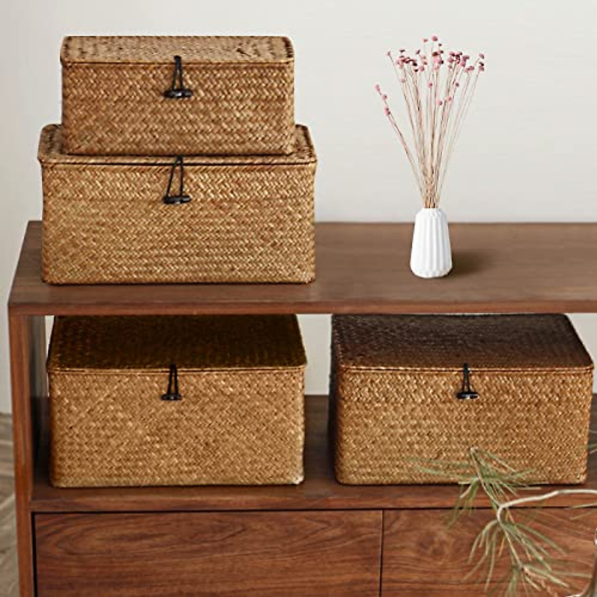 Wicker Storage Basket with Lid, Natural Woven Rattan Seagrass Storage Box Rectangular Household Organizer Boxes Shelf Wardrobe Organizer (L)