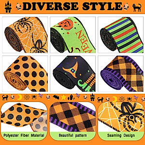 6 Rolls 30 Yards Halloween Wired Edge Ribbons Stripe Burlap Printed Ribbon Spider Web Pumpkin Ribbon Happy Halloween Decorative Wrapping Ribbon for Halloween DIY Craft Floral Bow