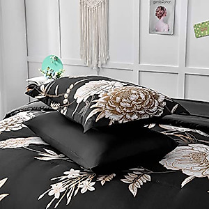 Black Floral Comforter Set Queen Size 7 Pieces Bed in a Bag, Flower and Birds Printed on Black Bedding Set Botanical Pattern Comforter and Sheet Set,Soft Microfiber Complete Bedding for All Season