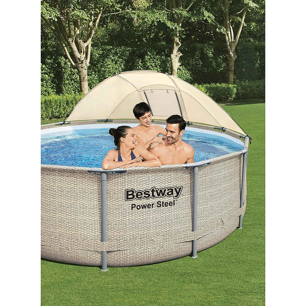 Bestway Power Steel 13' x 42" Round Above Ground Outdoor Swimming Pool Set with Shaded Canopy, 530 Gallon Filter Pump, Ladder, and Pool Cover