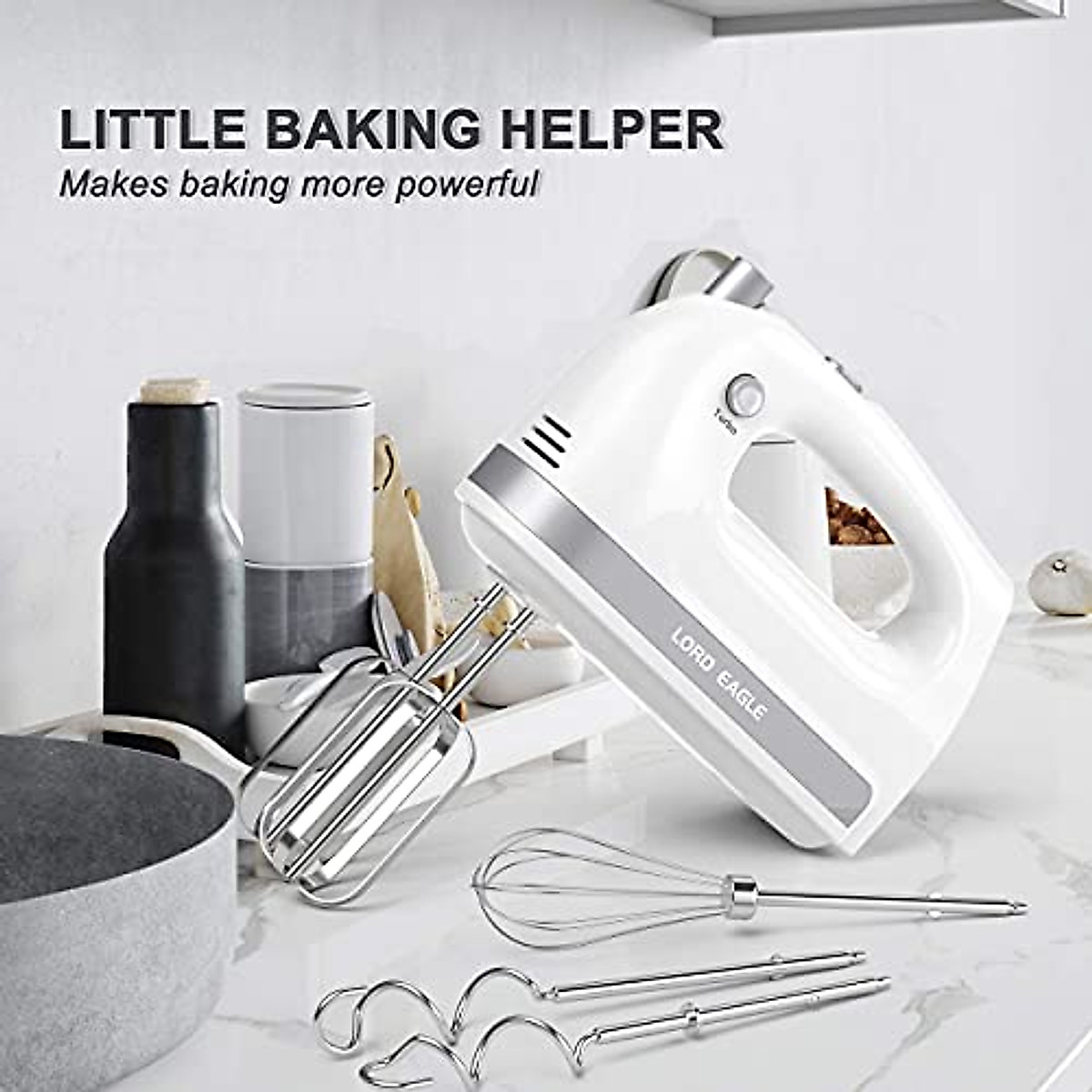 Lord Eagle Hand Mixer Electric, 400W Power handheld Mixer for Baking Cake Egg Cream Food Beater, Turbo Boost/Self-Control Speed + 5 Speed + Eject Button + 5 Stainless Steel Accessories