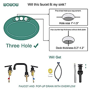 WOWOW Two Handles Widespread 8 inch Bathroom Faucet Black 3 Pieces Basin Faucets 360 Degree Swivel Spout Lavatory Sink Faucet