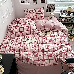 LIWHENHAO Hearts Duvet Cover Set Queen 100% Cotton Bedding Red Heart on Pink Check Plaid 1 Romantic Geometric Comforter Cover Full Zipper Closure 2 Pillowcases for Kids Girls Boys Woman