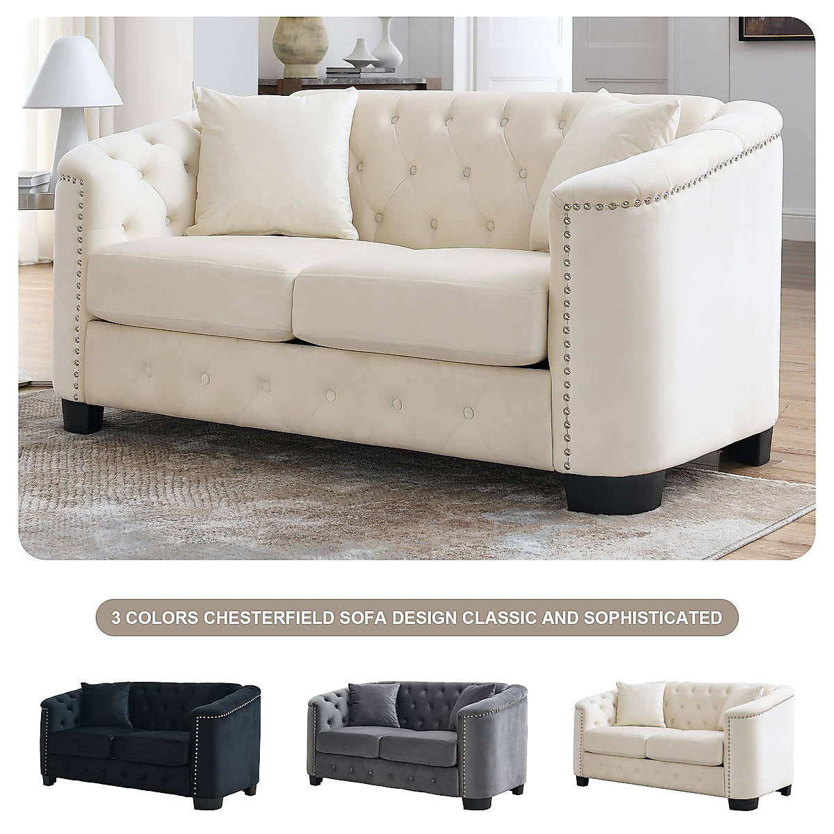 BUIORD 59" Modern Velvet Loveseat Chesterfield Sofa for Living Room,2-Seater Sofa,Upholstered Tufted Backrests with Nailhead Arms and 2 Cushions for Bedroom-Beige