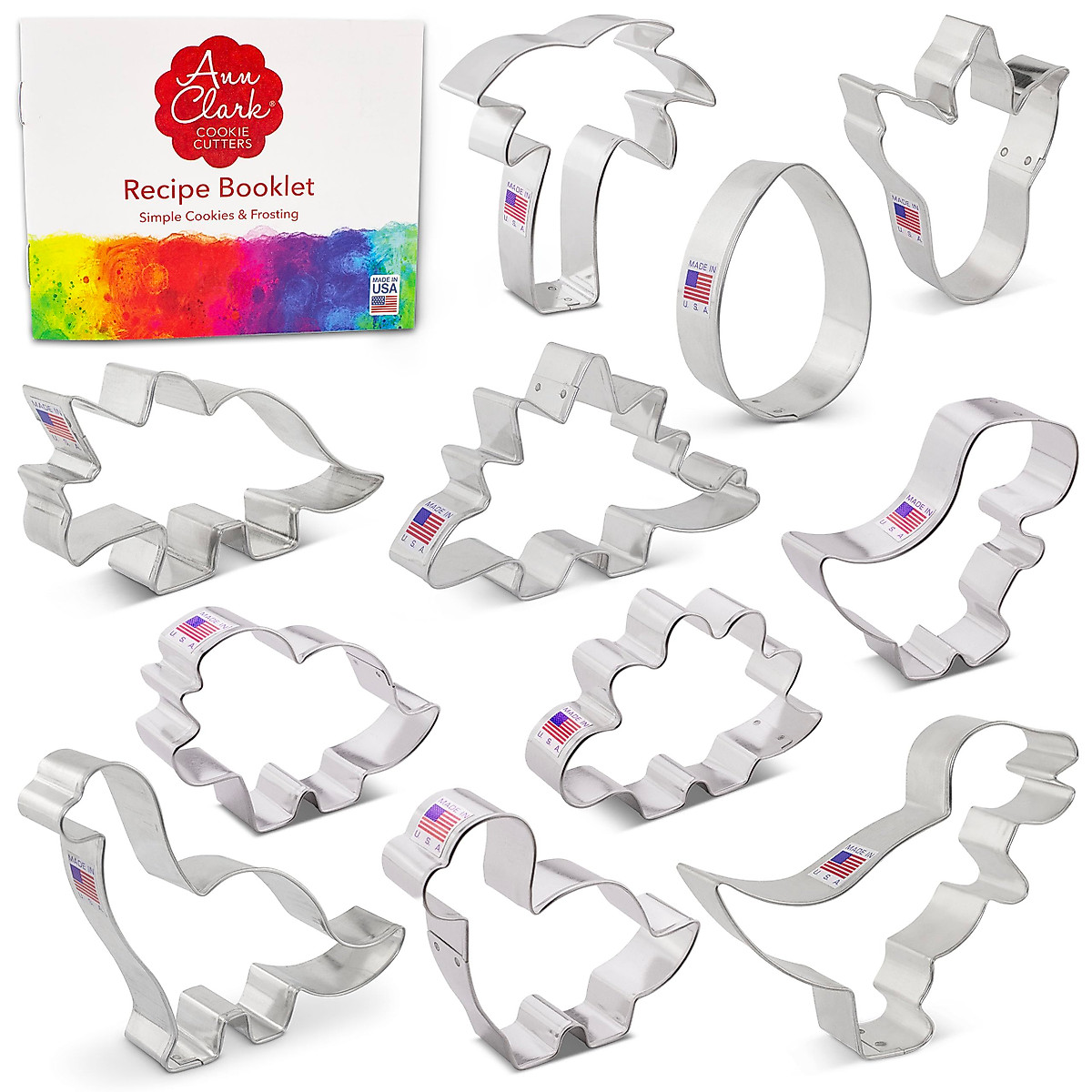 Dinosaur Cookie Cutters 11-Pc. Set Made in USA by Ann Clark, T-Rex, Triceratops, Brontosaurus, Dinosaur Foot, Dino Egg, and more