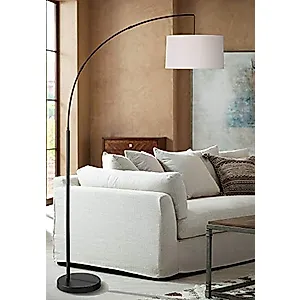 360 Lighting Cora Mid Century Modern Arc Floor Lamp 72" Tall Black Metal White Linen Fabric Drum Shade Decor for Living Room Reading House Bedroom Home Office House