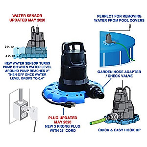 Star SPCP01 ¼ HP Automatic ON/OFF Swimming Pool Cover Pump with Garden Hose Adapter & 25' Power Cord, 2400 GPH Fast Water Removal, Submersible, Blue