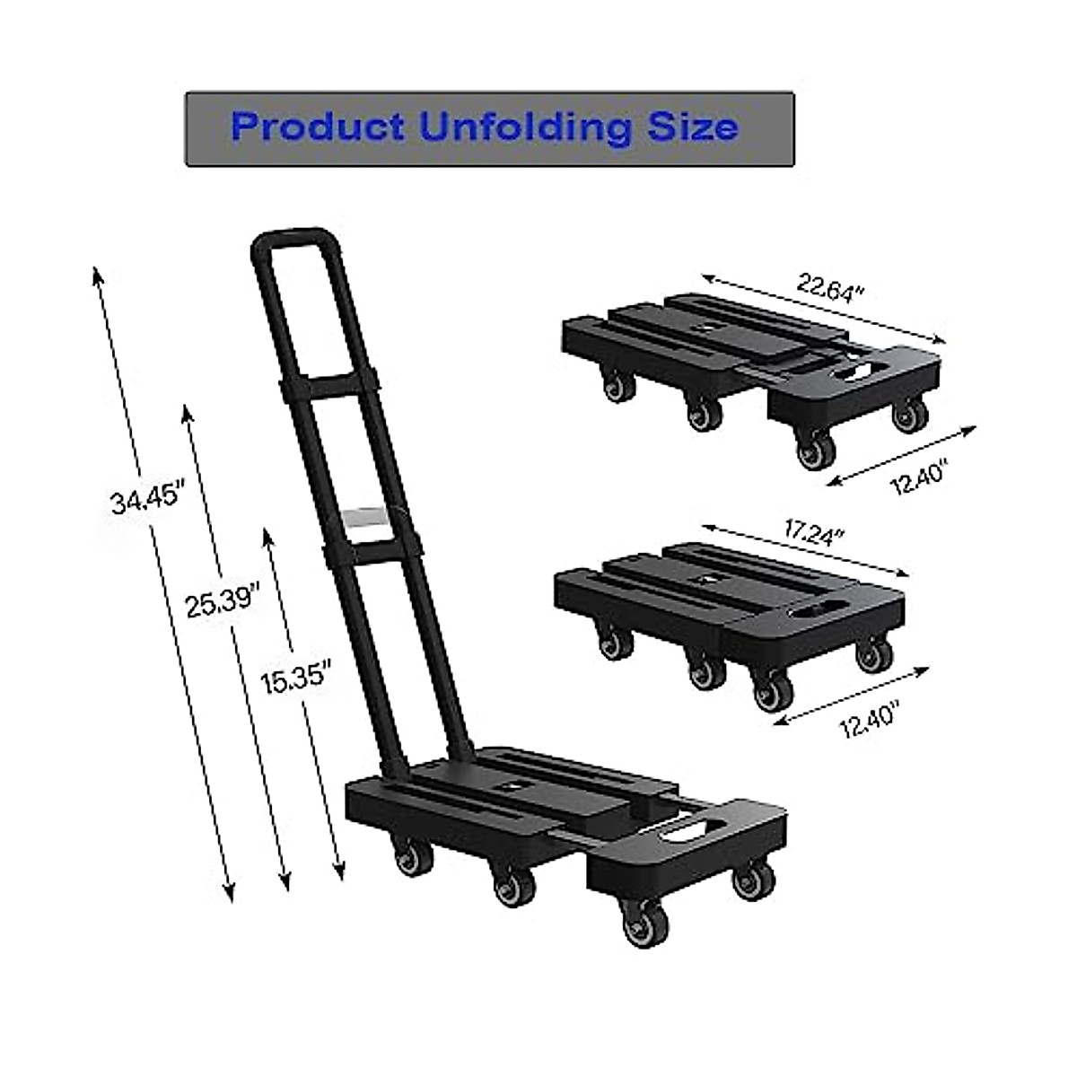 Folding Hand Truck, 500LBS Heavy Duty Foldable Dolly Cart - Portable Luggage Cart with 6 Wheels 2 Elastic Ropes for Moving, Travel, Shopping, Office Use - Black
